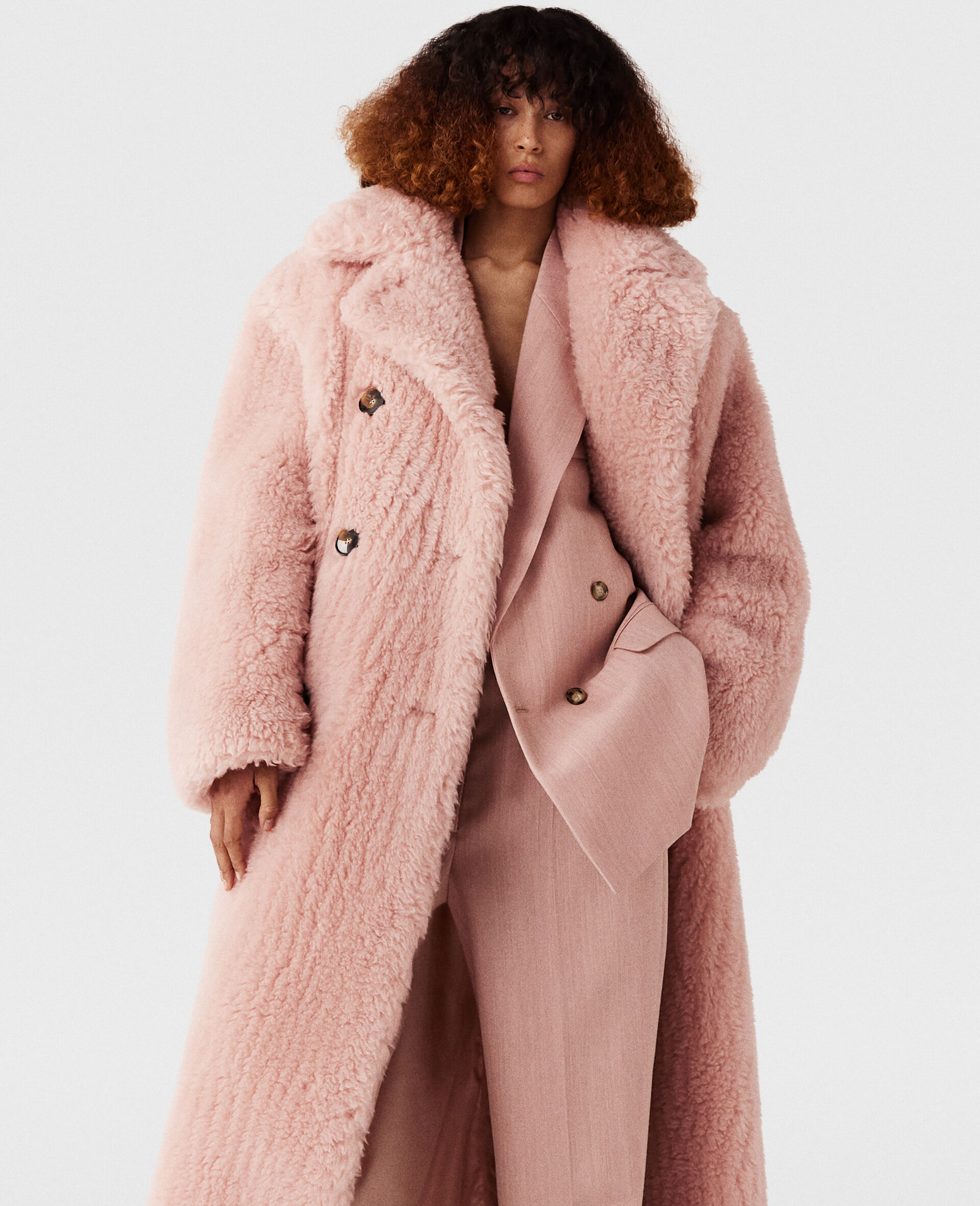 Women Dusty pink Oversized Plush Teddy Long Coat | Stella McCartney US