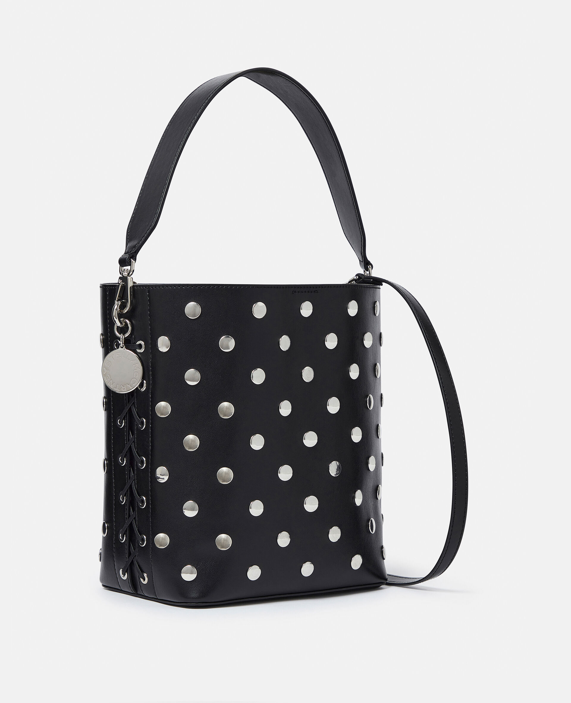 Women Pitch black Frayme Studded Large Bucket Bag | Stella McCartney US
