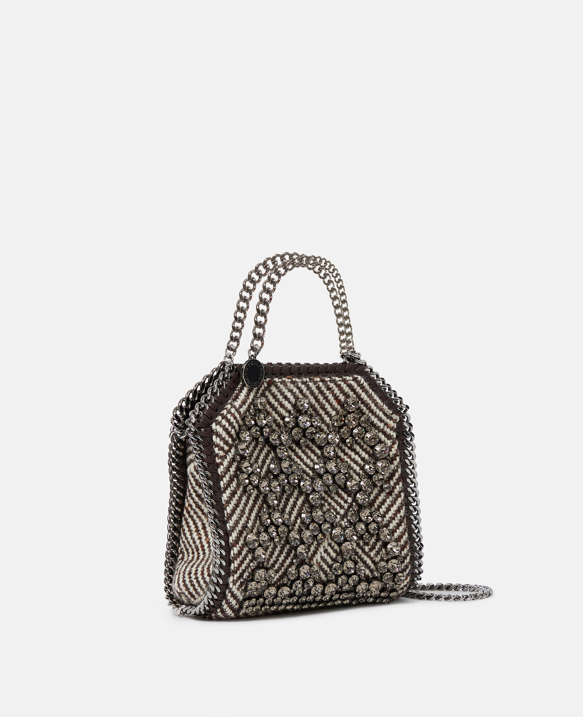 Women Tweed brown Falabella Tiny Crystal Cage Tote Bag | Stella ...